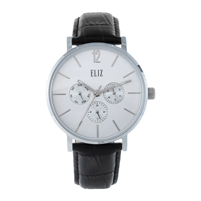 Buy ELIZ ES8926G1SSN SS Caseback & Leather Strap Multifunction Men's ...